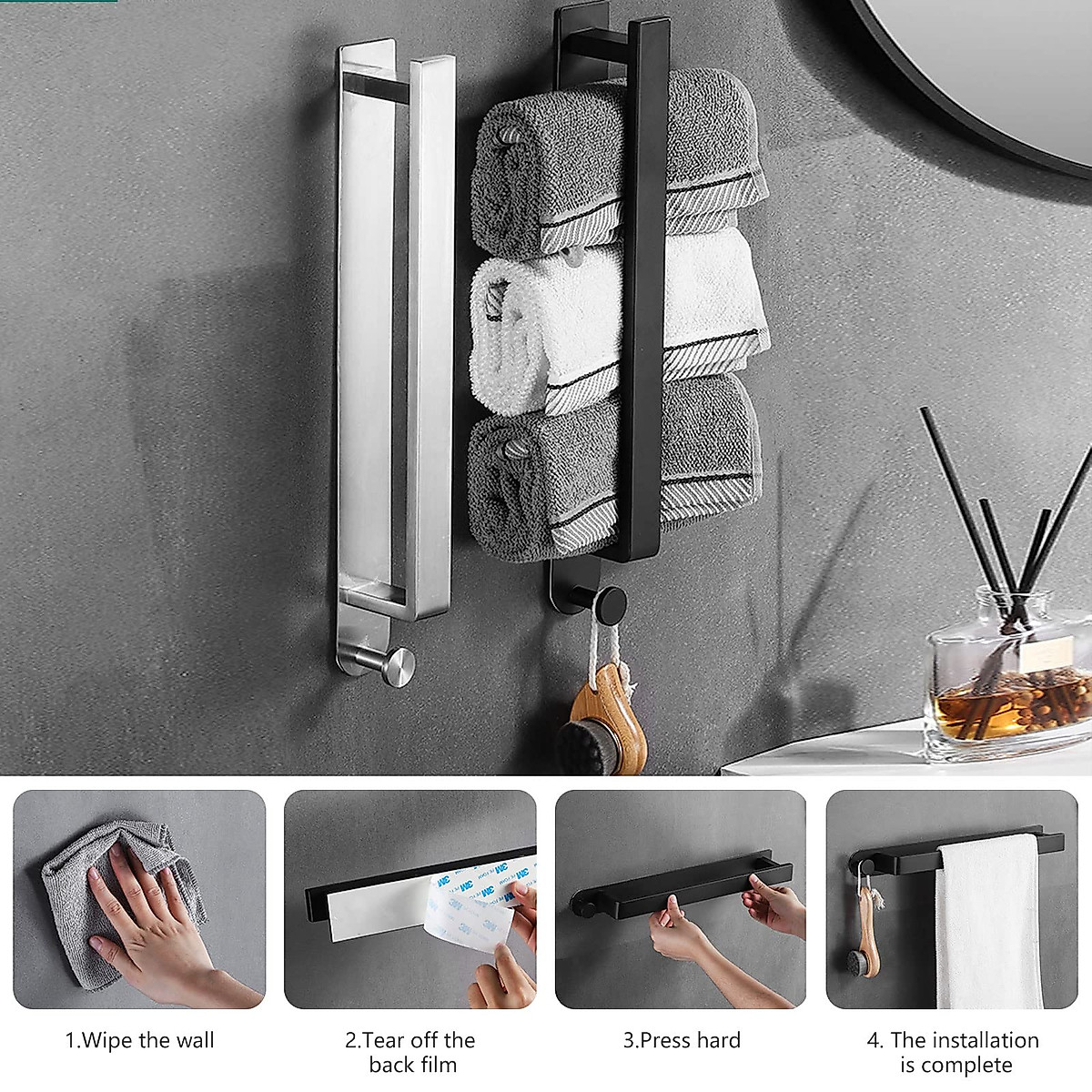 Towel Bar,15.75in Towel Holder Wall Mounted Stainless Steel Towel Rack Thicken 2.5in No-Drill Towel Rack with 1 Hook for Bathroom Matte Black (Black)