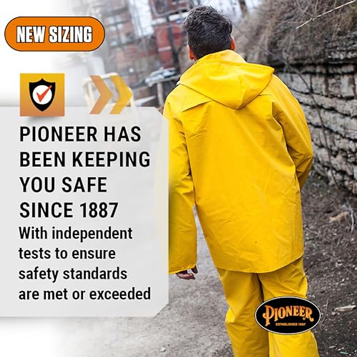 Pioneer Waterproof PVC Work Suit for Men – Repel Rain Gear Yellow Safety Jacket and Bib Pants - 3 PC Set With Detectable Hood