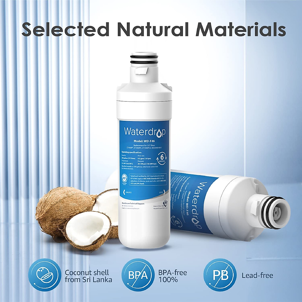 Waterdrop LT1000PC ADQ747935 MDJ64844601 Refrigerator Water Filter, Replacement for LG® LT1000P®, ADQ74793501, ADQ74793502, 46-9980, 9980, LFXC24796S, LSFXC2496D, NSF Certified