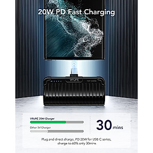 VRURC Mini Portable Charger Fast Charging, Built-in USB C in & Out Connector Power Bank 5000mAh,20W Battery Pack with Foldable Stand for iPhone 15,Samsung, Android Series-Black