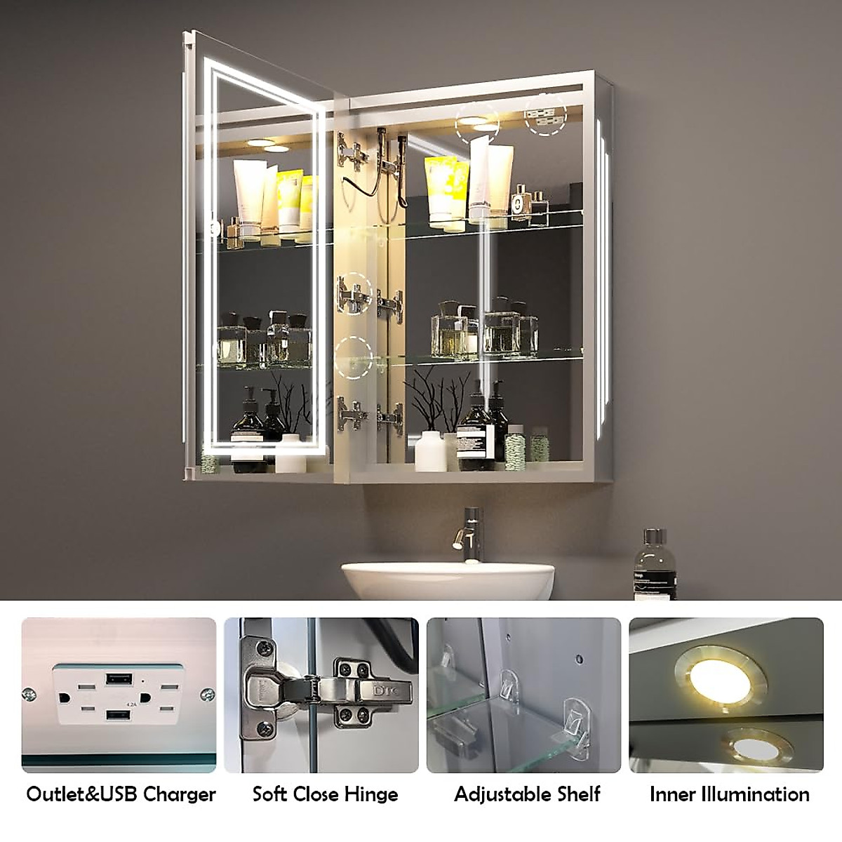 Janboe 20×26inch Medicine Cabinet with Lights,Lighted Medicine Cabinet,3 Colors&Dimmable,Demister,Internal Light,USB Shaver Socket,Inner Door Lighting
