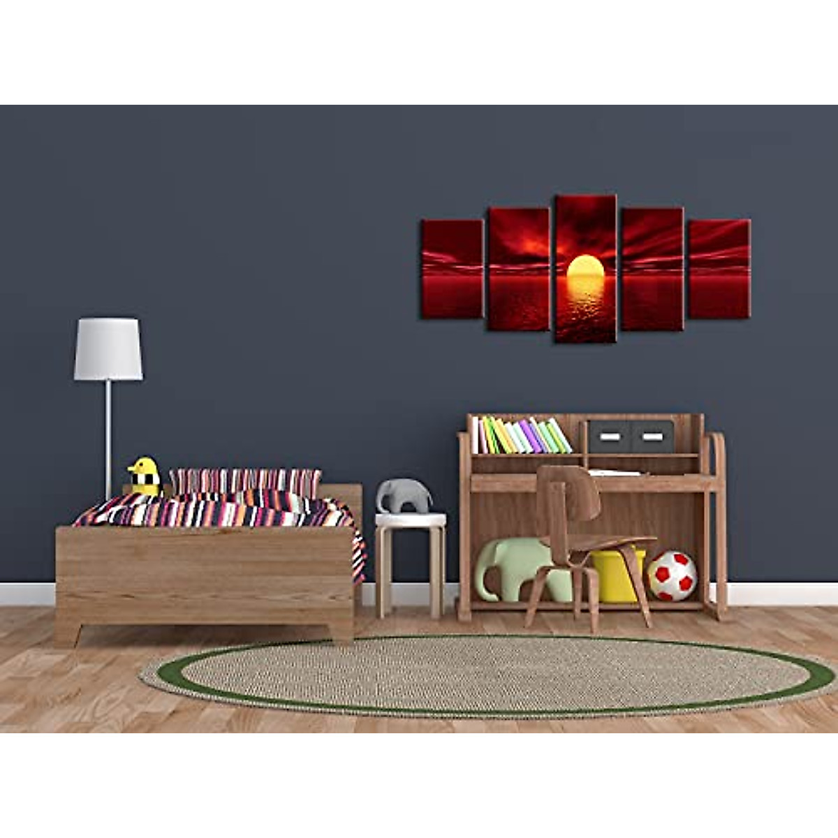 Wieco Art Red Sun Canvas Prints Wall Art Ocean Sea Beach Pictures Paintings Ready to Hang for Living Room Bedroom Home Decorations Modern 5 Piece Stretched and Framed Grace Landscape Giclee Artwork