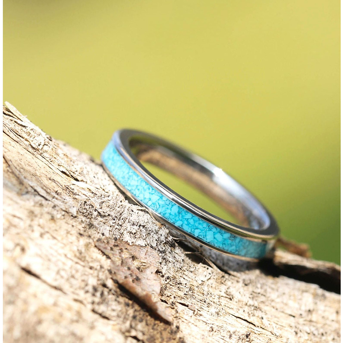 TIGRADE 3MM Titanium Ring Blue Turquoise Engagement Wedding Band for Woman Size 3-13, Silver, Size 7