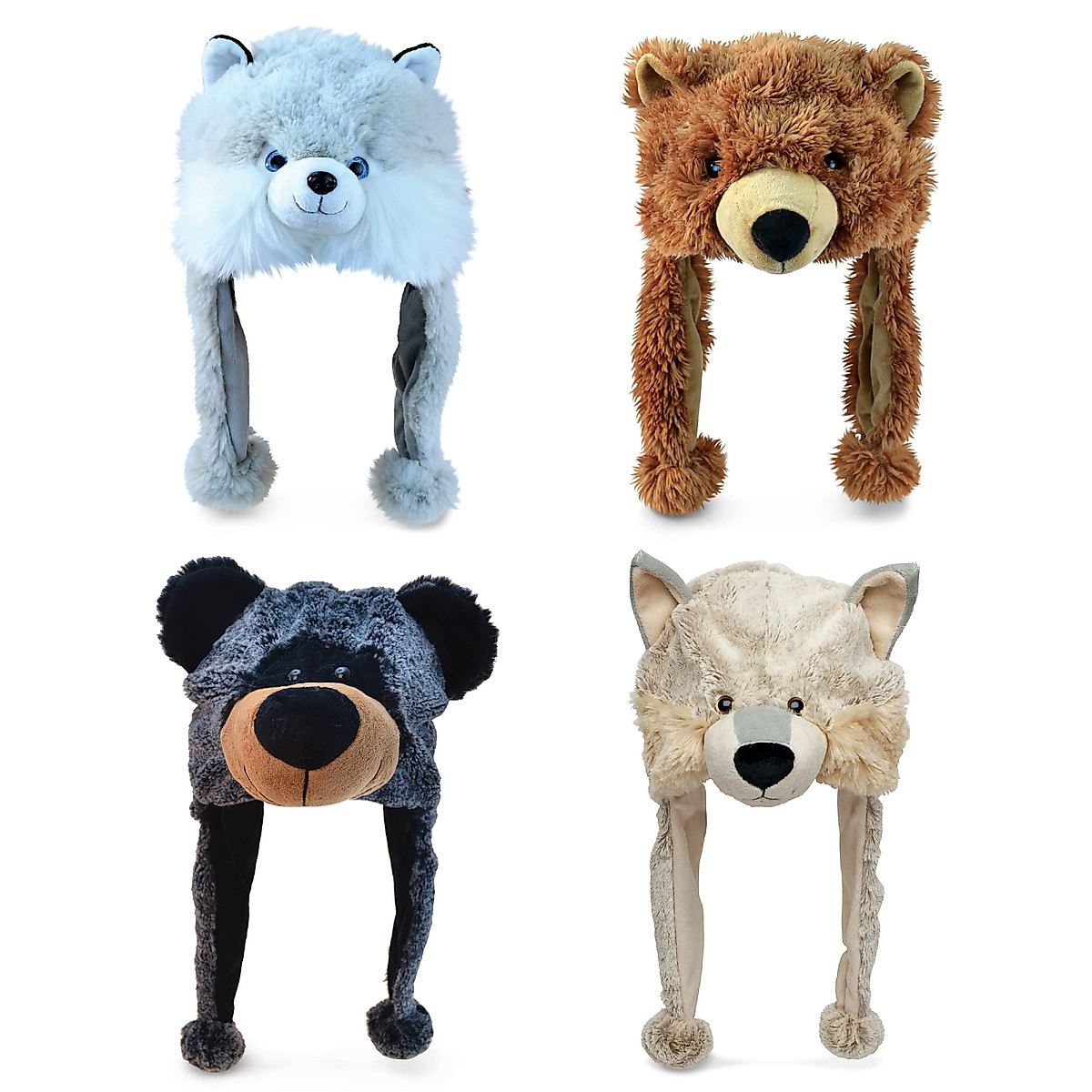 DolliBu Bears and Dogs Animal Plush Hat Set of 4 – Super Soft Black Bear, Wolf, Grizzly, Husky Warm Hats with Ear Flaps, Cute Stuffed Animals Toy Hats, Cozy Fleece Winter Hat for All Ages - 1 Size