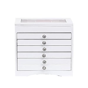 QUUL High Large Gloss Wooden Jewellery Box Armoire Bracelet Organizer Storage 5 Layers Glass White US Warehouse
