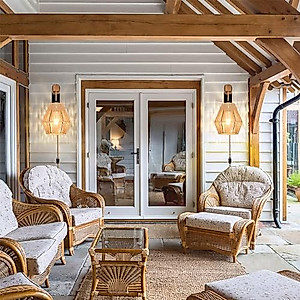 ZECOXOL Plug-in Wall Sconces Set of Two, Rattan Boho Decor Wall Lamps with Plug-in Cord, Wicker Sconces for Bedroom & Living Room