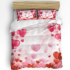 Valentine Comforter Sets California King Size Red Pink Love Heart Soft Bedding Duvet Cover Sets 3 Pieces Balloon Romantic Bedding Set with Comforter Cover and 2 Pillow Cases Bedroom Valentines Decor