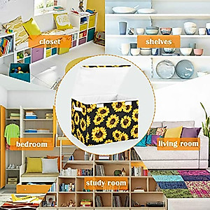 CaTaKu Sunflower Black Storage Bins with Lids Fabric Large Storage Container Cube Basket with Handle Decorative Storage Boxes for Organizing Clothes Shelves