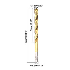 uxcell 6.3mm Drill Bits High Speed Steel Straight Shank 100mm Length Twist Drill Bit Fully Ground Titanium Coated 2 Pcs