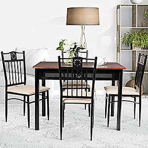 Tangkula 5 Piece Dining Table and Chairs Set Vintage Retro Wood Top Metal Frame Padded Seat Dining Table Set Home Kitchen Dining Room Furniture