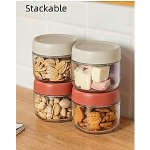 2 Pack 10 OZ Glass Food Jars with Screw Lids,Overnight Oats Container,Airtight Small Food Storage Container Leakproof Glass Container for Food Portion,Dipping Sauce,Snack(clear Finnish Red)