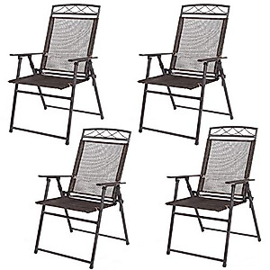 ARLIME 4-Pack Folding Steel Chairs, Patio Dining Chairs with Armrest and Footrest, Portable Outdoor and Indoor Sling Chairs, Camping Deck Garden Pool Backyard Chairs
