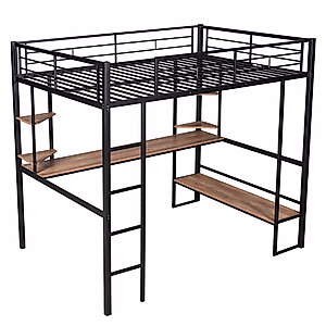 SOFTSEA Full Loft Bed with Desk and Storage Shelves High Metal Loft Bunk Bed with Ladder, No Box Spring Needed