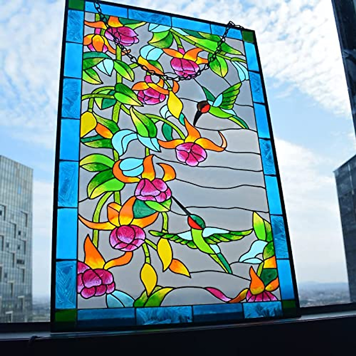 VEWOGARDEN W10xH15 inch Hummingbird Stained Glass Window Hangings, Suncatcher Panel with Chain for Wall or Windows