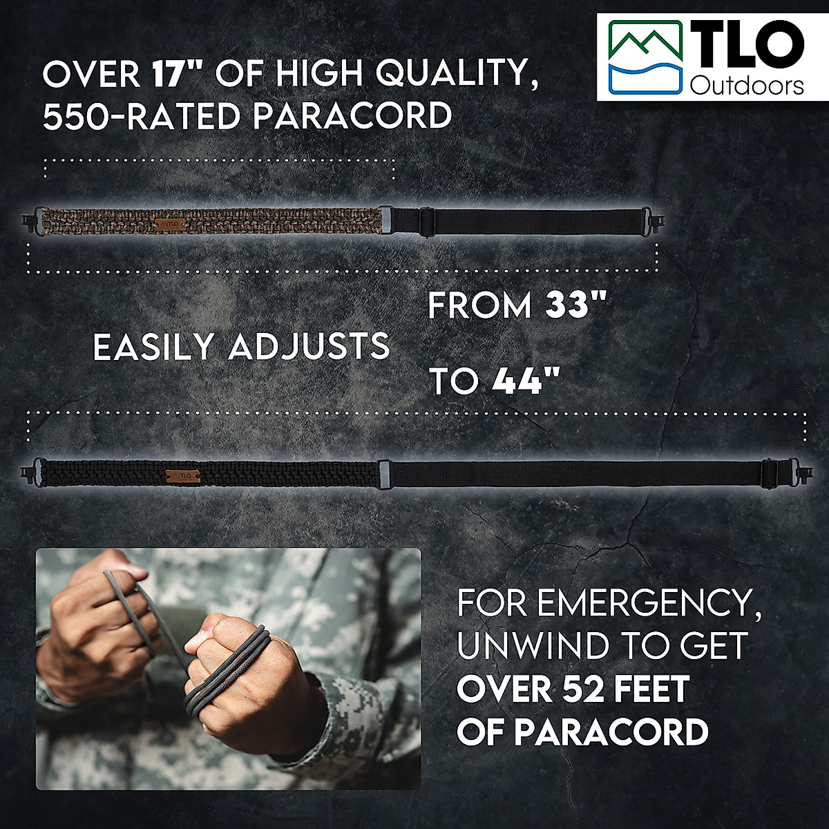 TLO Outdoors Paracord Gun Sling - Tactical 2-Point Rifle Sling, Extra Wide, Adjustable Strap with Swivels for Rifle, Shotgun, and Crossbow for Hunting, Shooting, Gun Safety (550 Rated Nylon)