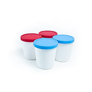 LIN Ice Cream Containers 4-Pack - 1Quart Reusable Round Storage Tubs for Homemade Ice Cream, Dessert, Gelato, Sorbet, 2 Red & 2 Blue Silicone Lids - Non-BPA Plastic Containers - Dishwasher-Safe - No Freezer Burn