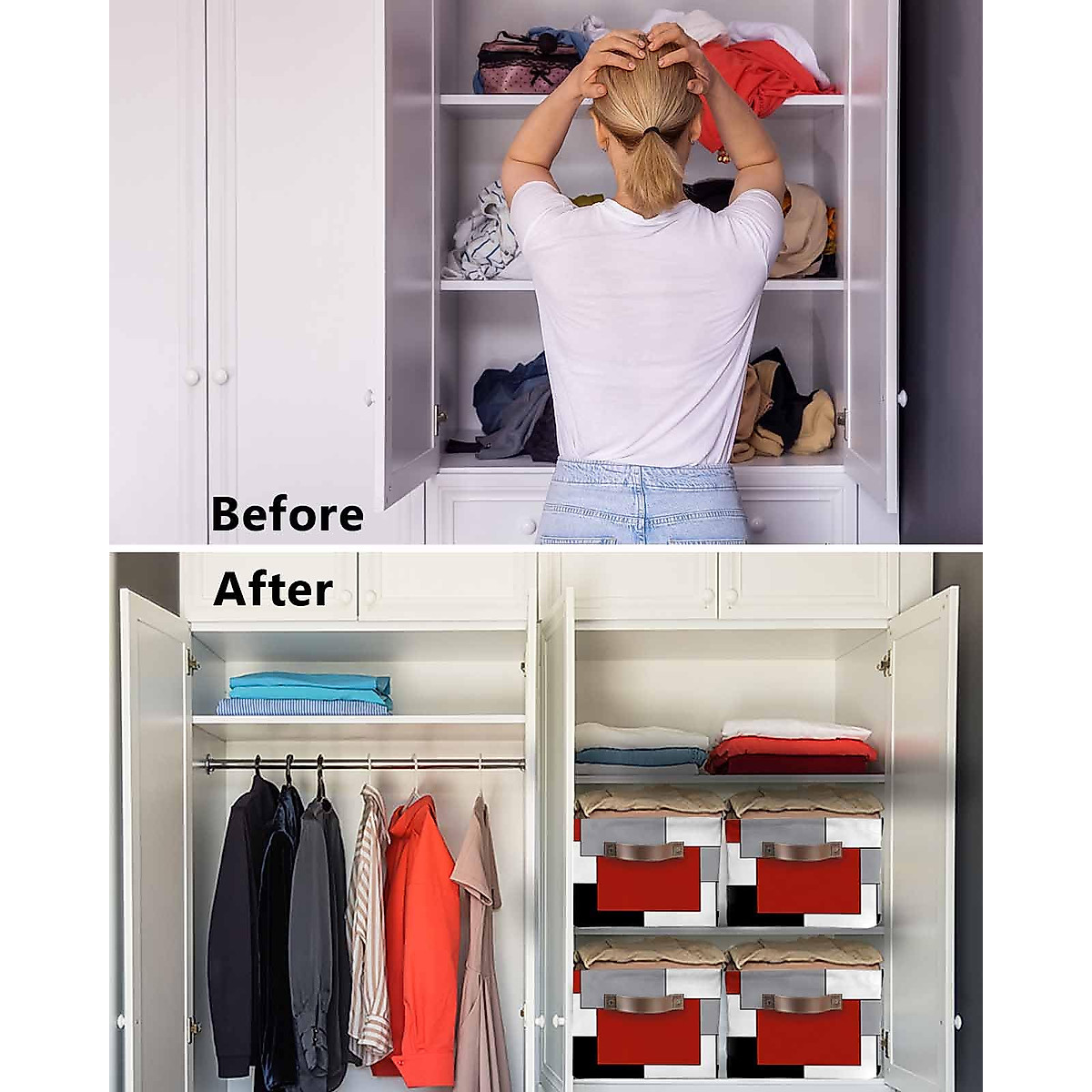 Abstract Storage Basket Large Foldable Storage Bins with Handles Geometric Mid Century Red Nordic Waterproof Fabric Laundry Baskets for Organizing Shelves Closet Toy Gifts Bedroom Home Decor