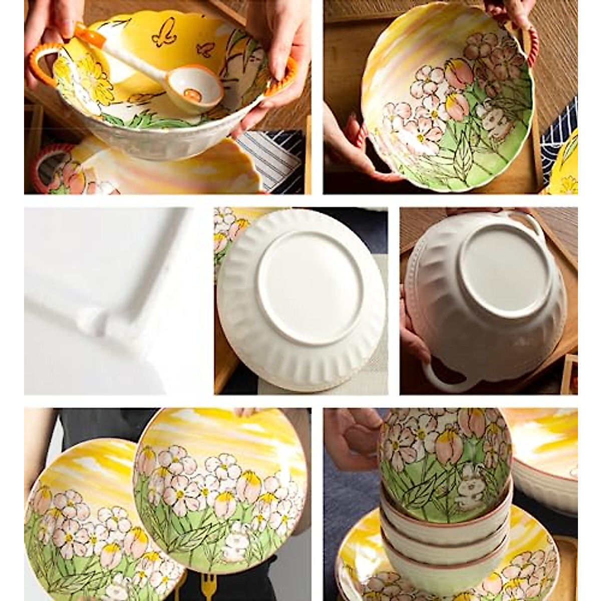 CYNHRWWW Handmade Ceramic Salad Bowl Set Of 2,Ceramic Pasta Bowl - Kitchen Dish Microwave And Dishwasher Safe