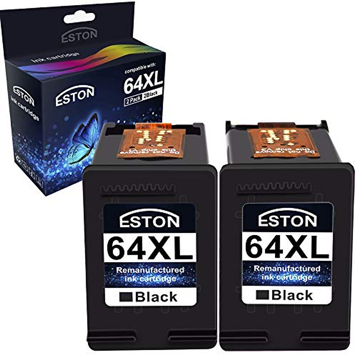 ESTON Printer Ink 64 Remanufactured Cartridges Combo Pack XL Replacement for HP Ink 64XL 64 XL Use for HP Envy Photo 7855 7858 7155 7158 7164 Envy 5542 Printe(2 Black)