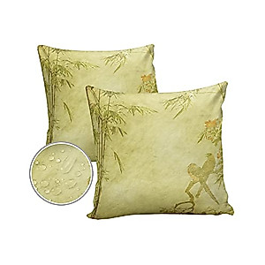 Outdoor Pillow Covers for Patio Furniture 26x26 inch 2PCS, Square Waterproof Garden Cushion Vintage Flowers Bamboo Bird Throw Pillow Cover Shell for Sofa Couch Bench Seat