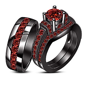 2 Ct His & Hers Round Cut Red Garnet Wedding Band Engagement Ring Trio Set 14k Black Gold Over Sterling Silver