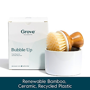 Grove Co. Bubble-Up Dish Soap Dispenser & 2 Pack Brush Set, Ergonomically Designed Dish Scrubber, Removes Tough Messes, Gentle on Dishes, Sustainable Solution to The World's Waste