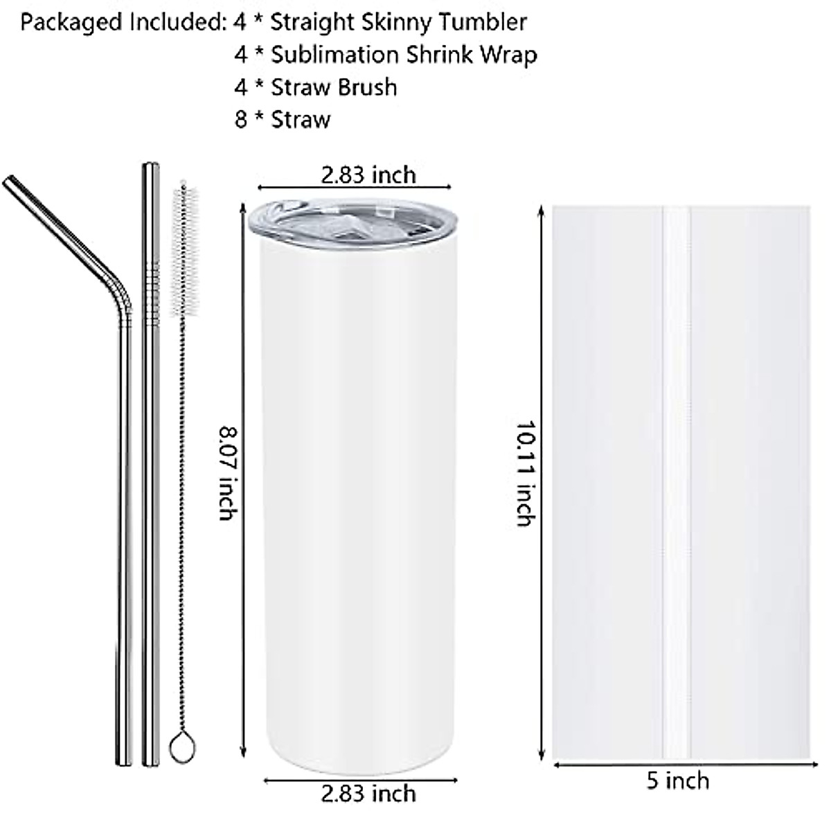 Glow in the Dark Sublimation Tumbler 20 Oz Skinny Straight, 4 Pack Luminous Skinny Tumbler Bulk for Sublimation with Shrink Wrap, Stainless Steel Skinny Sublimation Tumbler Glow in the Dark, White