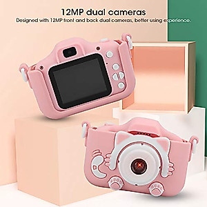 12MP Mini Camera Digital Camera with 2.0in IPS Screen Cartoon Kitty Digital Camera Toy with Double Camera for Children Kids Gift(Pink)