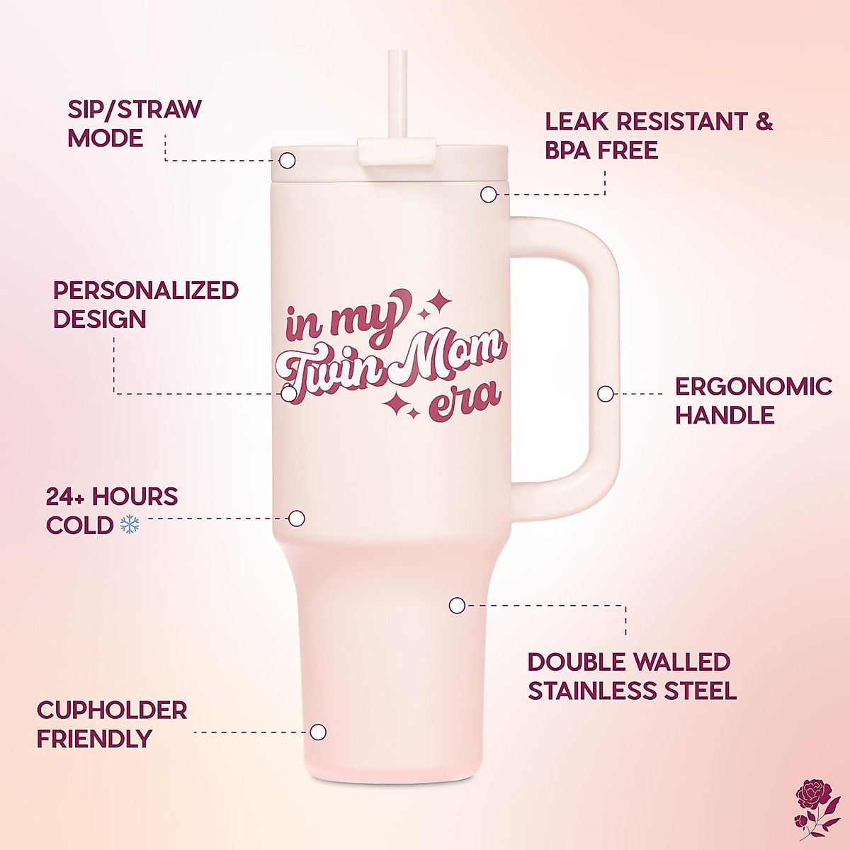 VIOLET & GALE Twin Mom Gifts - Retro Collection - 40oz Insulated Tumbler with Handle, Twin Mama Coffee Mug Water Bottle, In My Era Cup for Mothers Day