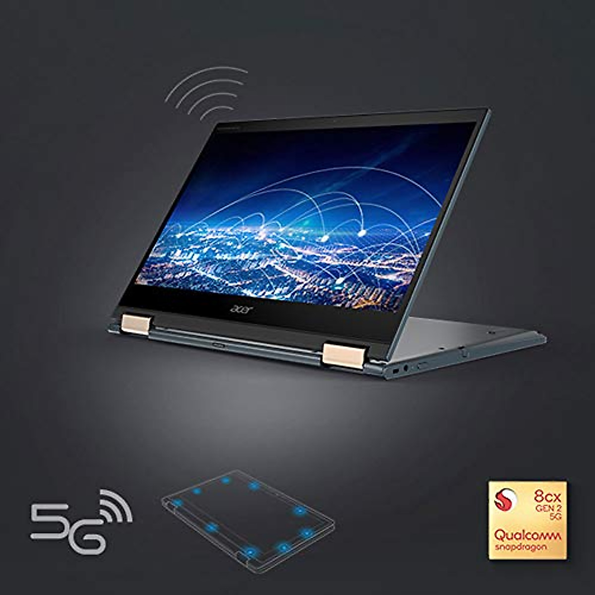 Acer Spin 7, 14" FHD Touch Display, Qualcomm Snapdragon 8cx Gen 2 5G Compute Platform, 8GB LPDDR4X, 512GB Universal Flash Storage, 5G, 4G LTE, Wi-Fi, Backlit KB, FPR, Antimicrobial, SP714-61NA-S1QA