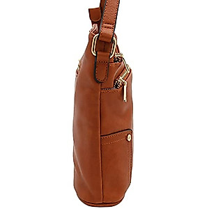 FashionPuzzle Triple Zip Pocket Medium Crossbody Bag (Dark Tan)