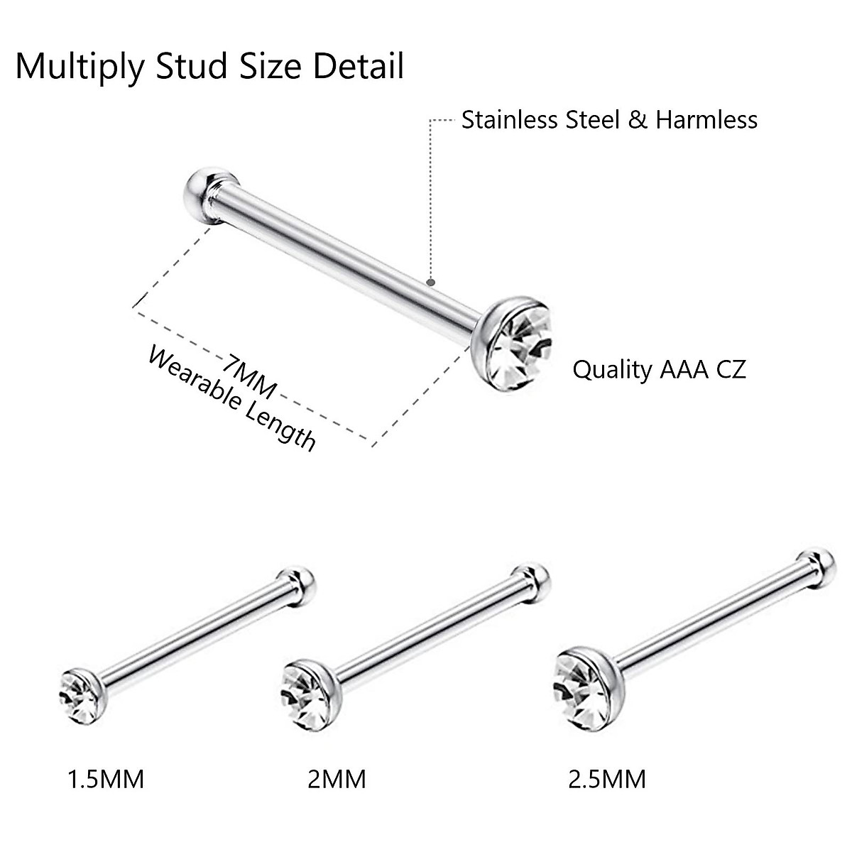 Nose Rings Studs, Straight/L/Screw Shaped Nose Studs for Women Men, Surgical Stainless Steel Hypoallergenic Nose Piercing Jewelry 1.5/2/2.5mm Size Crystal and Ideal Gift, Metal, drusy quartz