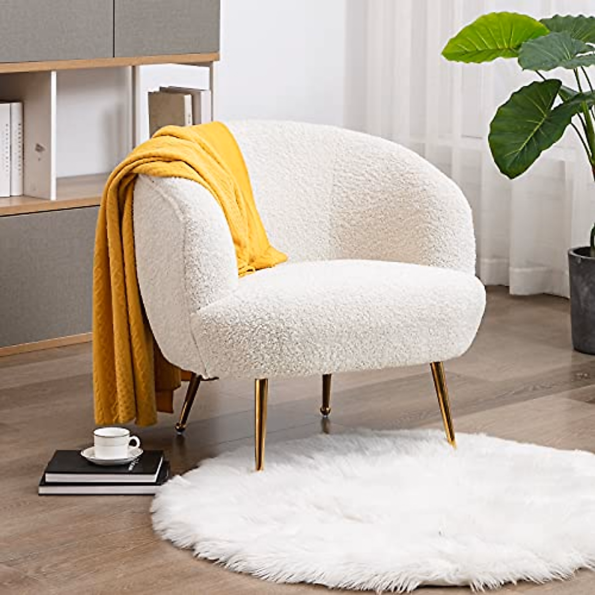 DUOMAY Modern Accent Chair Armchair Sherpa Upholstered Barrel Chair with Golden Legs Comfy Lounge Chair Single Sofa Armchair Club Chair for Living Room Bedroom Office,White