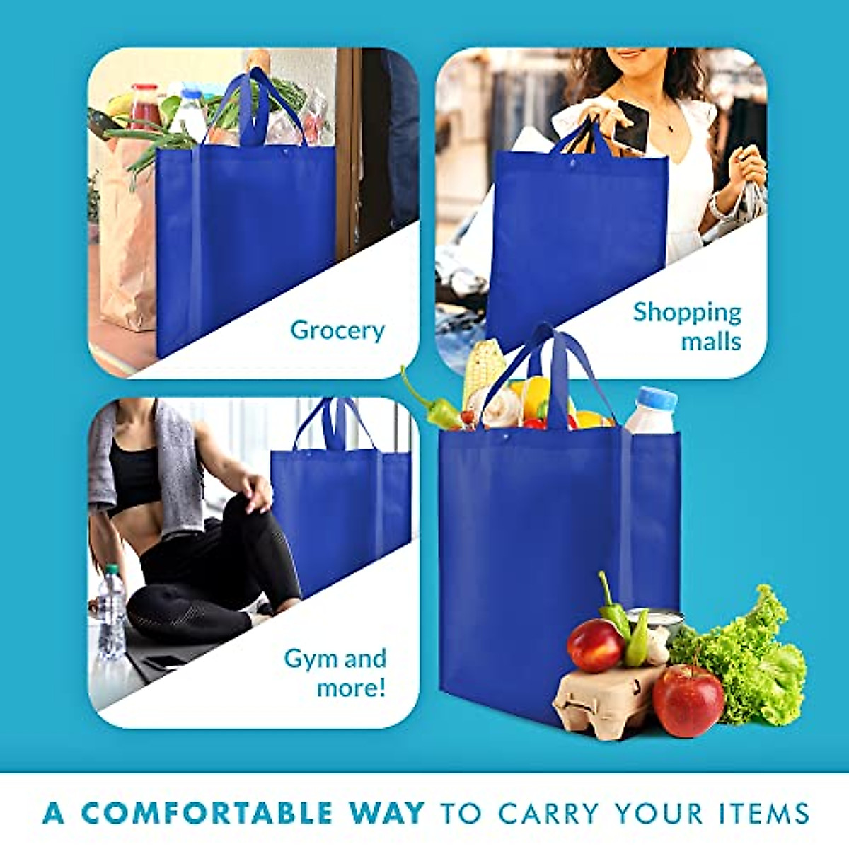 Simply Green Solutions - Reusable Grocery Bags, Durable Large Tote Bags, Shopping Bags for Groceries, Utility Tote, Reusable Gift Bags With Handles, 14 x 16.5 x 6, Pack of 10, Royal Blue