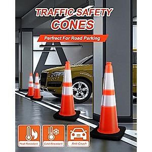 (8 Cones) BESEA 28” inch Orange PVC Traffic Cones, Black Base Construction Safety Cones Road Parking Cone Structurally Stable Wearproof (28" Height)