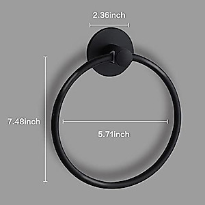 Towel Holder no Drill，Adhesive Towel Ring ，Stainless Steel Adhesive Hand Towel Hanger for Bathroom & Kithen Wall Mount， No Drilling Modern Hand Towel Hanger, Matte Black