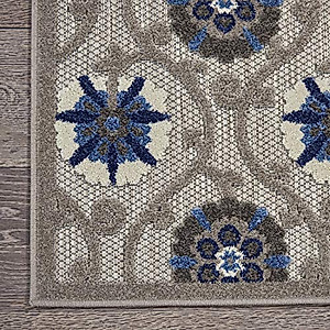 Nourison Aloha Indoor/Outdoor Grey/Blue 7'10" x 10'6" Area Rug, Easy Cleaning, Non Shedding, Bed Room, Living Room, Dining Room, Deck, Backyard, Patio (8x11)
