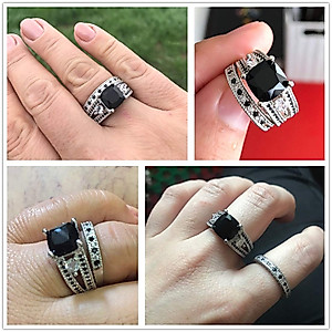 Double Fair White or Black Gold Plated Cushion Cut Black CZ Stone Engagement Promise Anniversary Ring Sets For Women (Silver, 8)