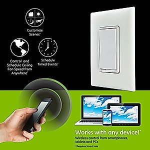 Enbrighten, White & Light Almond, Z-Wave Plus Smart Fan Control, Works with Alexa, Google Assistant, 3-Way Compatible, ZWave Hub Required, Repeater/Range Extender, 55258