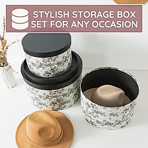 Soul & Lane Floral Hat Round Boxes with Lids - Set of 3: Nesting Cardboard Hat Storage, Large Black Print Hat Cases, Round Decorative Keepsake Boxes, Stacking Paper Mache Craft Boxes