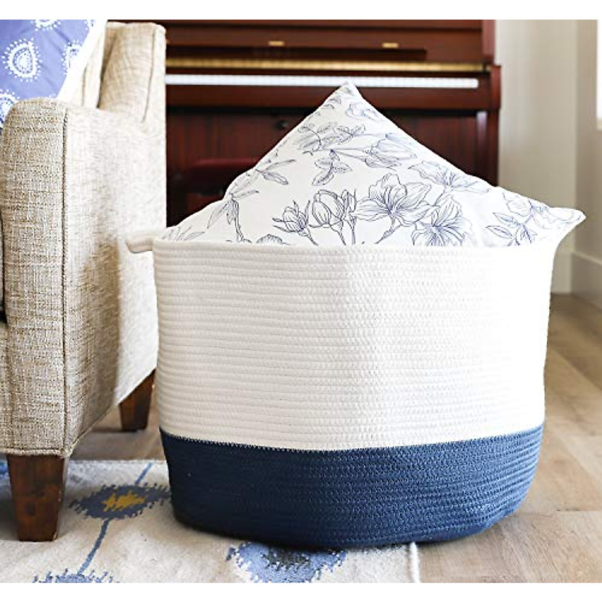 Chloe and Cotton XXXL Extra Large Woven Rope Storage Basket 15 x 21 inch Navy White Handles | Decorative Laundry Clothes Hamper, Blanket, Towel, Baby Nursery Diaper, Toy Bin Cute Collapsible Organizer