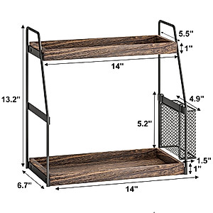 Fixwal Countertop Organizer for Bathroom, 2-Tier Wood Bathroom Counter Organizers with Basket Sink Shelf Cosmetic Storage Standing Vanity Tray Makeup Kitchen Spice Rack, Dark Brown