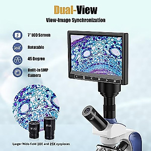 Upgrade Compound Monocular Microscope with 40X-2500X, Dual-View Microscope for Adults, Wide-Field 10X and 25X Eyepieces, Dual Illumination, Built-in 5MP Camera with 7’’ LCD Screen, Abbe Condenser