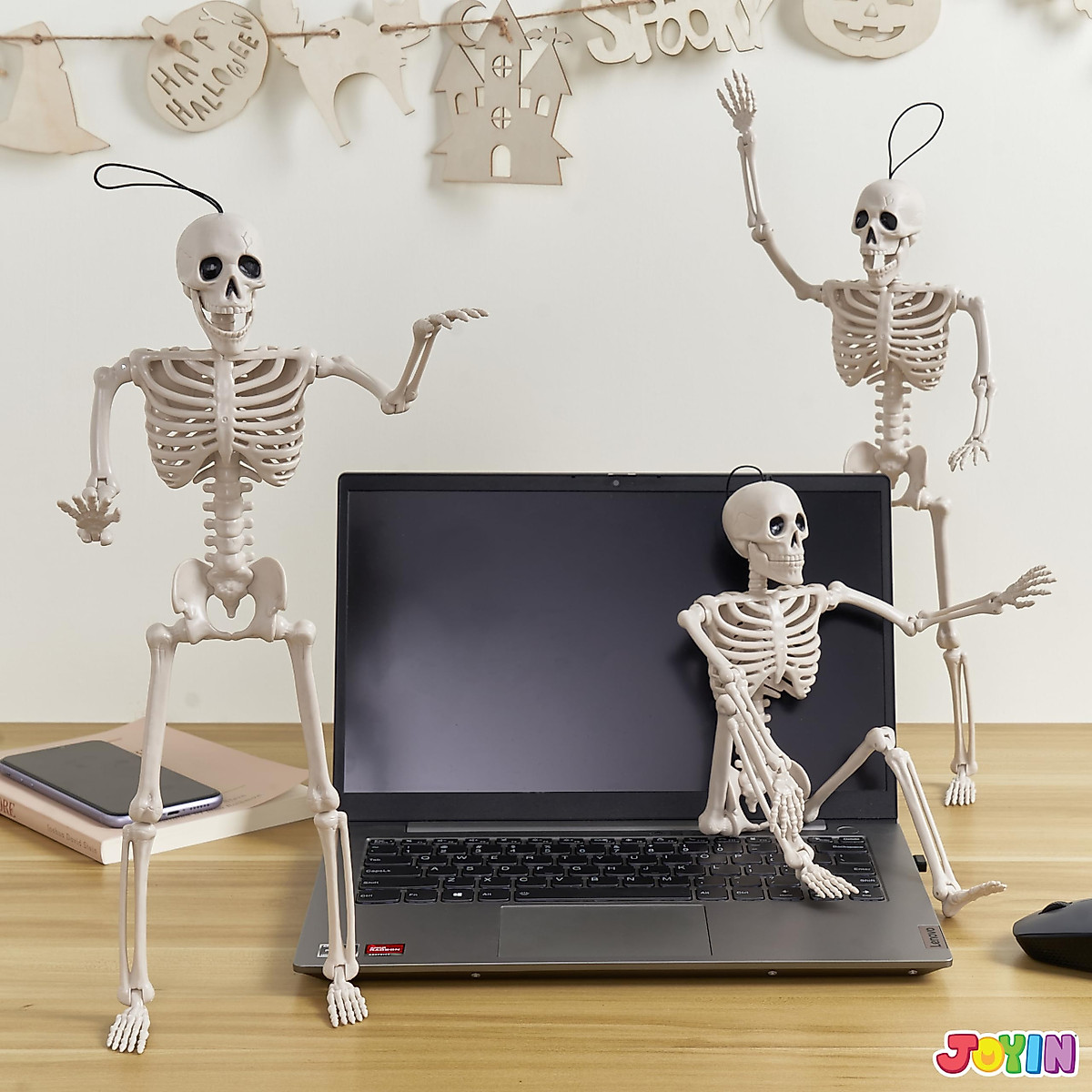 JOYIN 3 PCS Halloween Hanging Skeletons 16" Full Body Posable Joints Movable Plastic Bones for Halloween Party Outdoor Indoor Decor, Yard Patio Lawn Garden Props Decorations