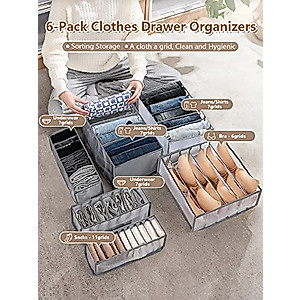 SandKing 6PACK Wardrobe Clothes Drawer Organizers Dividers - 6/7/11Grids Compartment Storage Box Bins for Jeans,Bras,Underwear,Socks,Baby Clothes, Foldable Closet Drawer Organizers Storage Bedroom