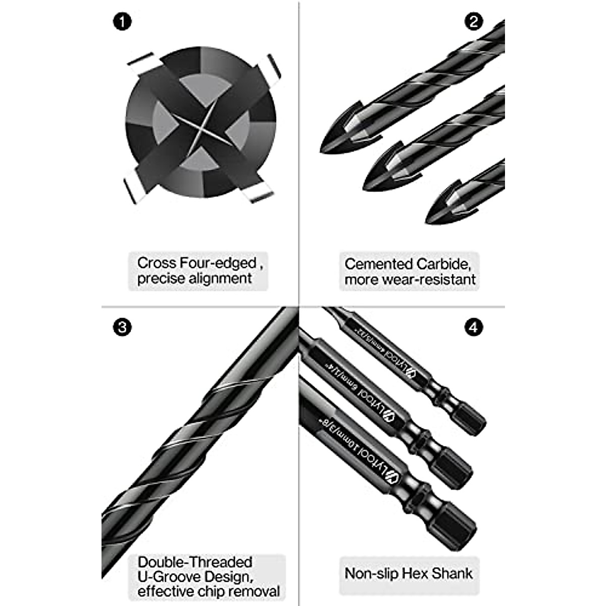 Masonry Concrete Drill Bit Set, Lytool 10Pcs Ceramic Tile Bits for Drill, Carbide Tip Hex Shank Bit for Brick, Tile, Wood, Glass, Plastic, Wall Mirror, Paver on Concrete or Brick Wall, 1/8" to 1/2"