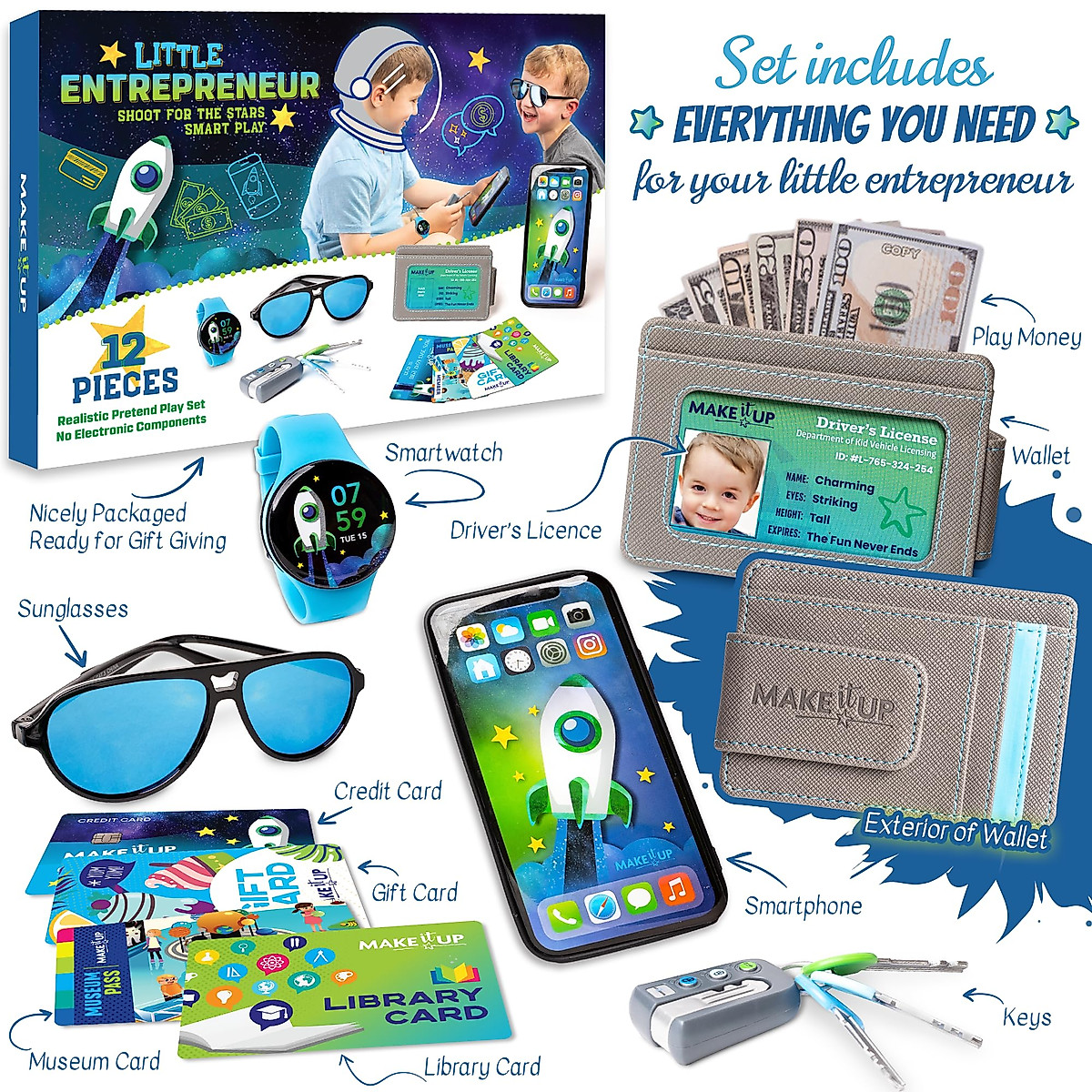 Realistic Toddler Pretend Play Toys I Toddler Toys for Girls & Boys Fake Money, Toddler Wallet Toy, Non Electronic Kids Play Phone & Smartwatch I Kids Pretend Play Birthday Gift for Age 2 & Up