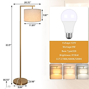 FAGUANGAO 3-Color Temterapure Gold Floor Lamp, Mid Century Modern Floor Lamp, Brass Standing Lamp with Hanging Drum Shade for Living Room, Reading Room, Bedroom, Office (LED Bulb Included)