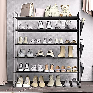 STORAGE MANIAC 5 Tier Shoe Rack with 6 Side Pockets, 23-Pairs Metal Shoes Organizer Free Standing Compact Shoe Storage Organizer Shoe Shelf for Closet Bedroom Entryway Hallway, Black