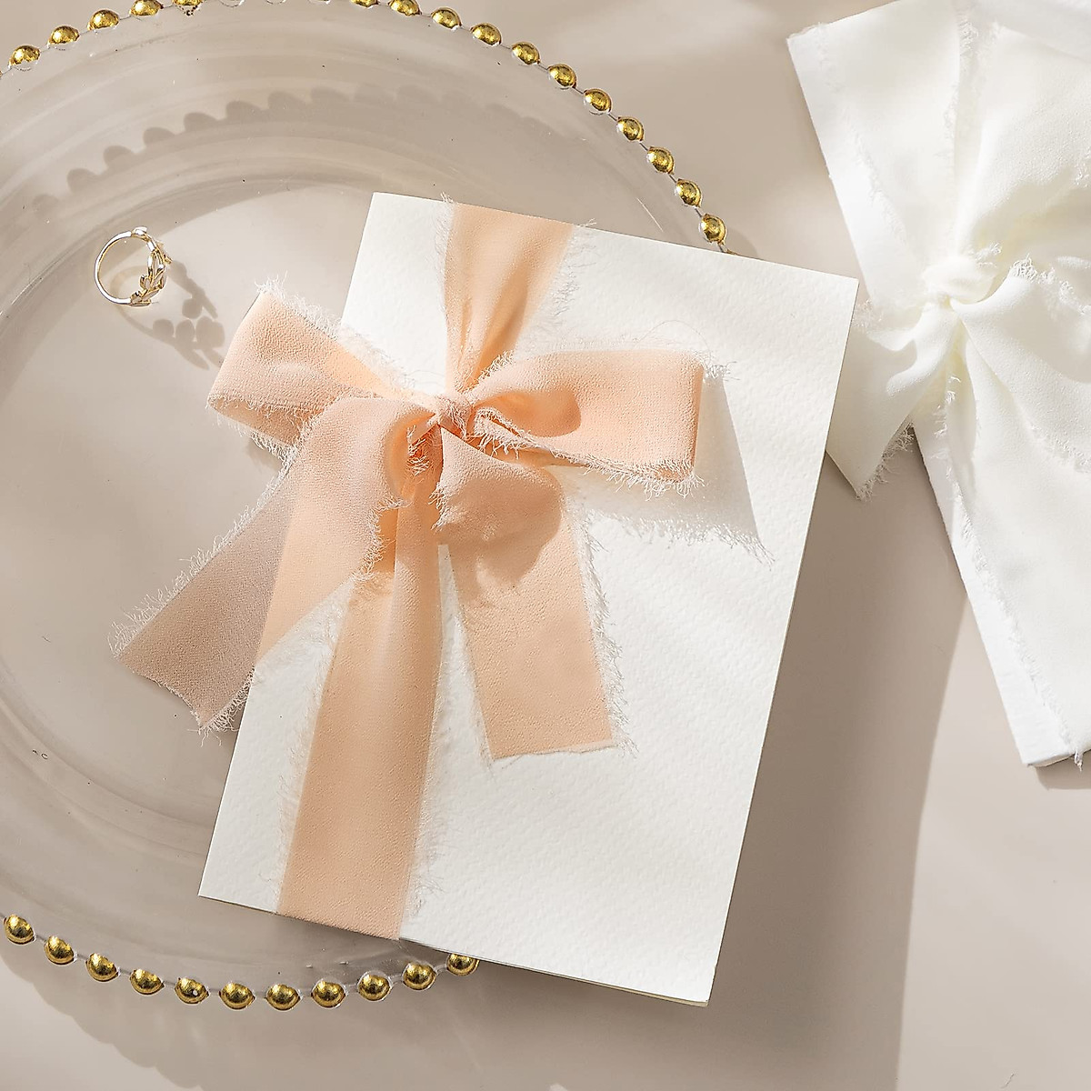 joybest Handmade Chiffon Ribbons for Gift Wrapping, Pink & Cream White Boho Fabric Ribbons for Crafts, Silk Pink Ribbons for Wedding Invitation, Bridal Bouquets, DIY Crafts, Party Decor 1.5’’ x 7Yd